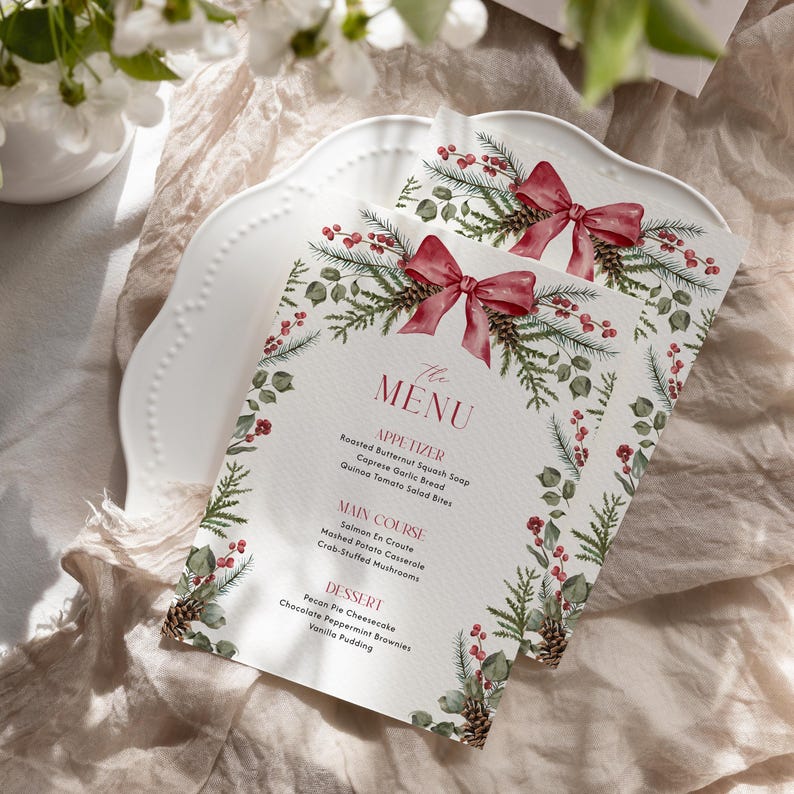 Christmas Menu Template, Red Bow Menu, Editable Christmas Menu ...