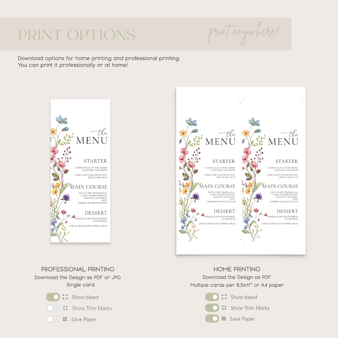 Wildflower Menu Template Floral Wedding Menu Boho Flowers Event Menu ...