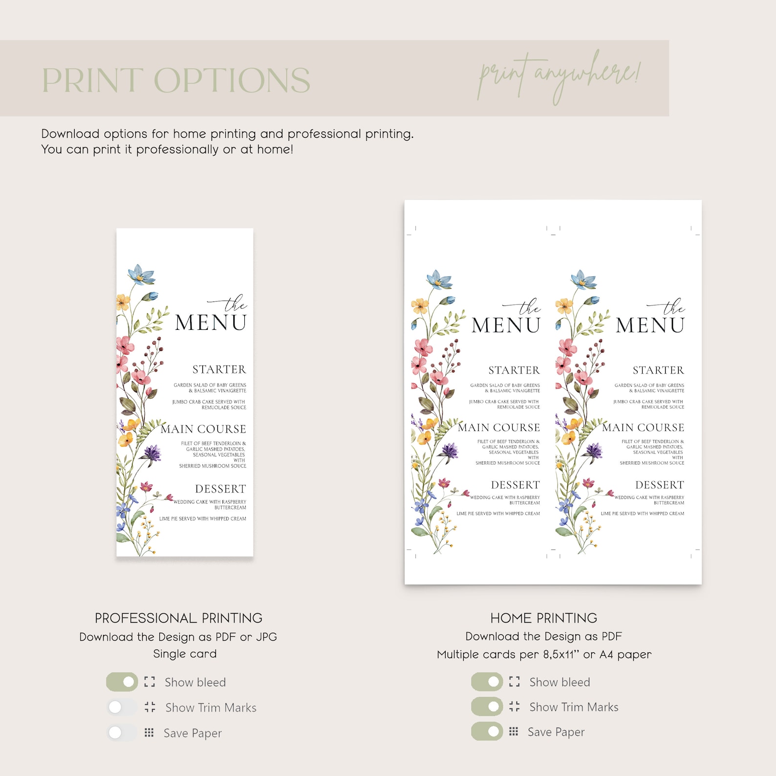 Wildflower Menu Template Floral Wedding Menu Boho Flowers Event Menu ...