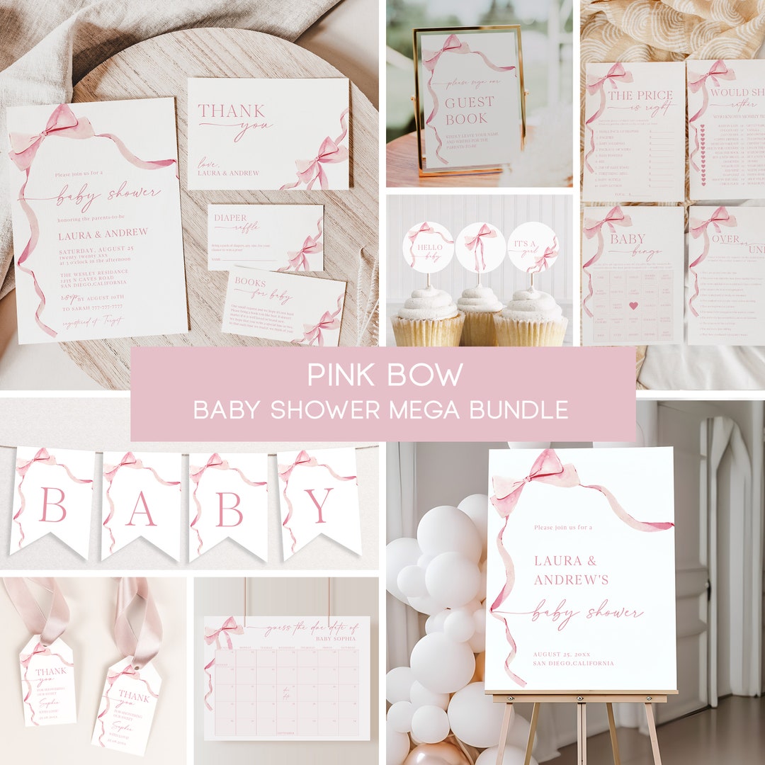 Pink Bow Baby Shower Bundle Printable Watercolor Ribbon Baby Shower ...
