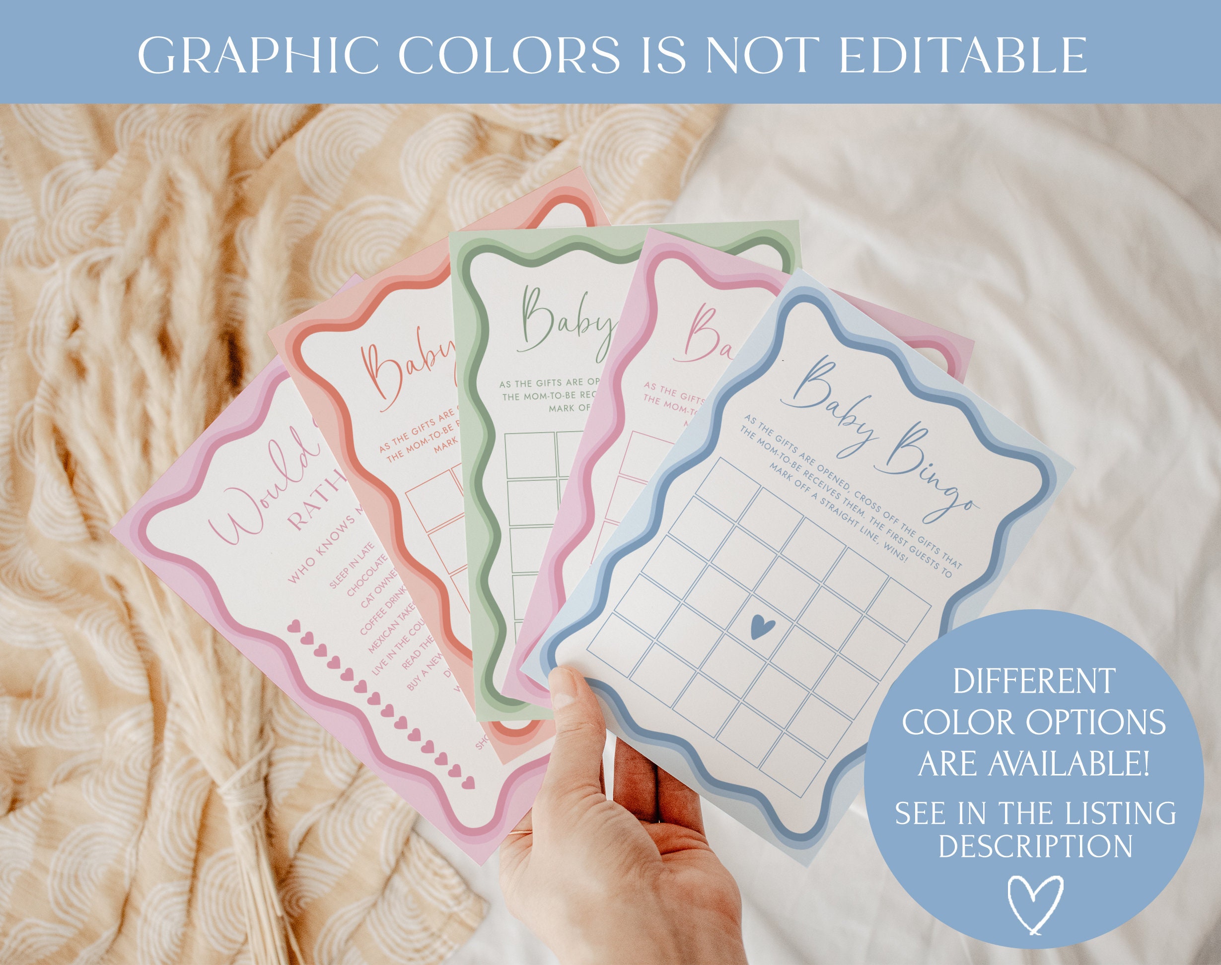 Blue Wavy Border Baby Shower Games Bundle Scalloped Frame Table Signs ...