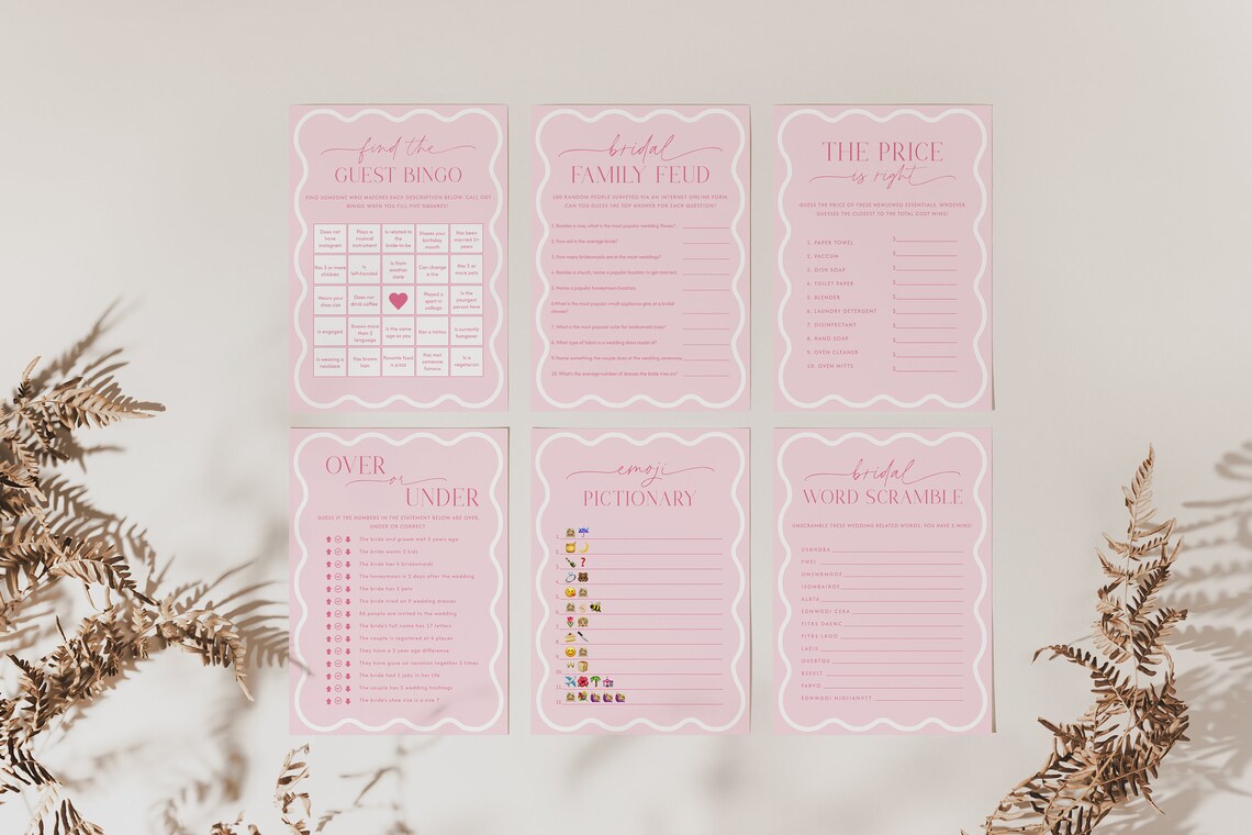 Pink Wavy Bridal Shower Games Bundle Soft Pink Bridal Shower Signs Set ...