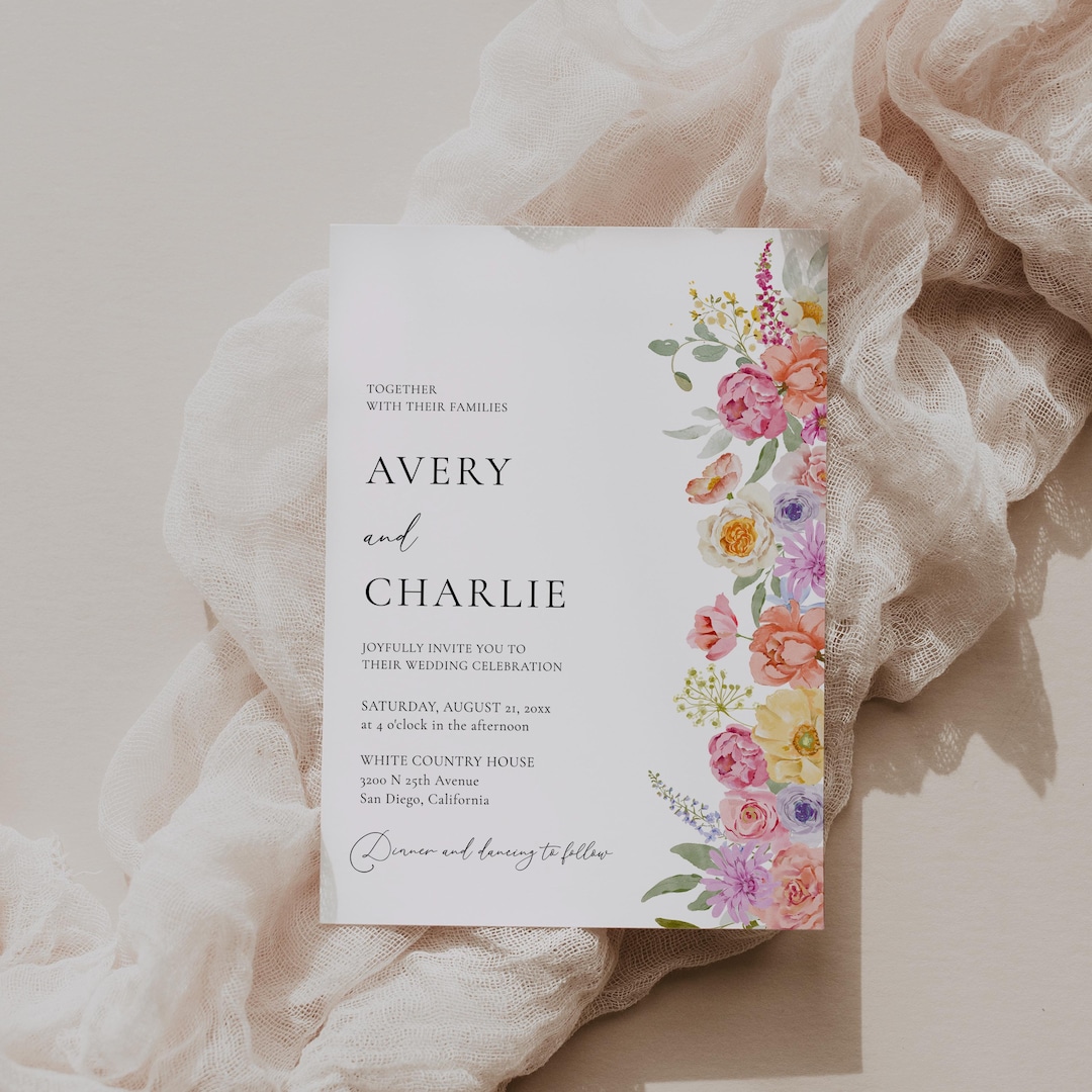 Pastel Floral Wedding Invitation Template Colorful Flowers Wedding ...