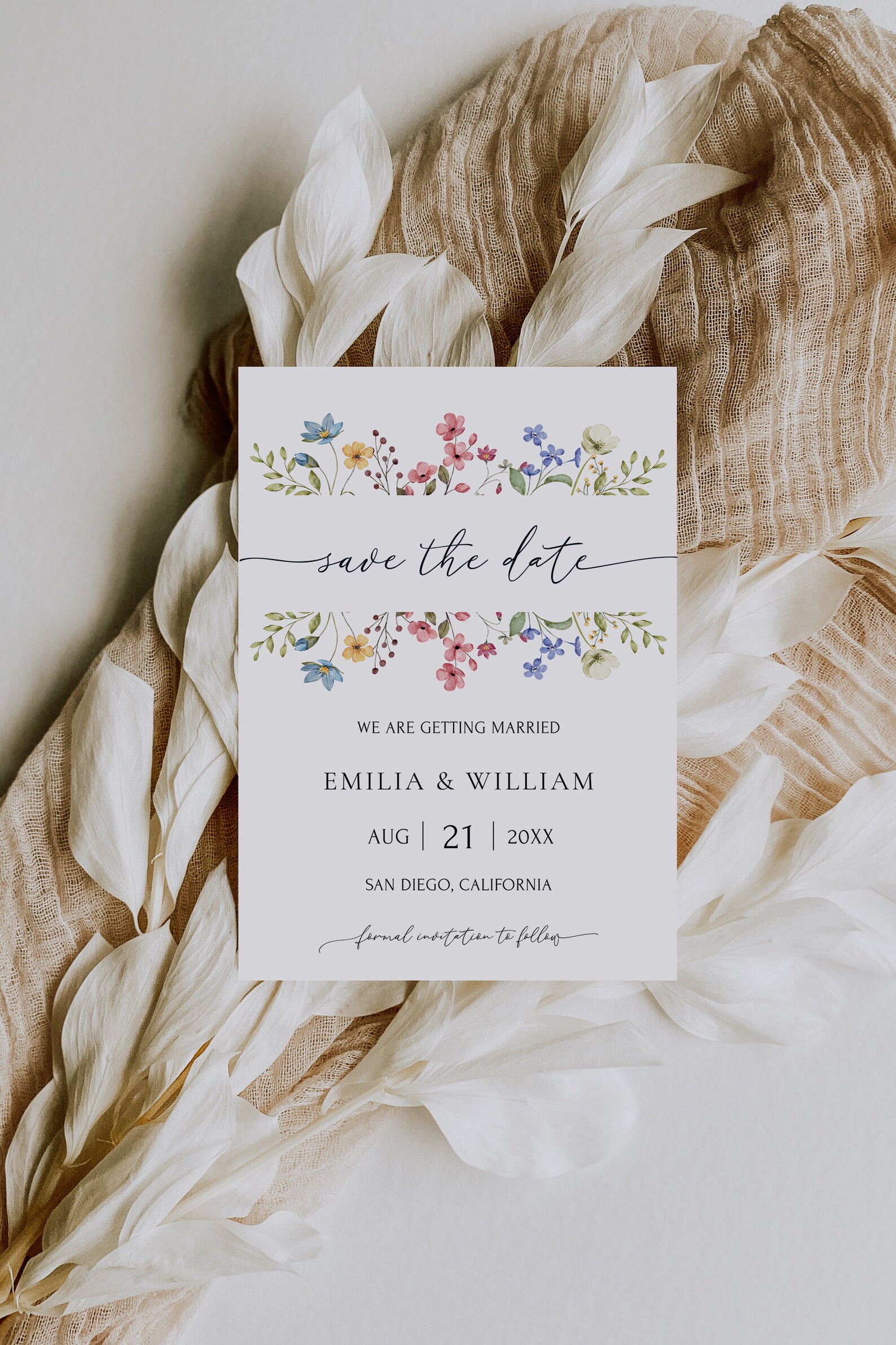 Wildflower Save the Date Template Editable Floral Save the Date Card Wildflower Wedding Card ...