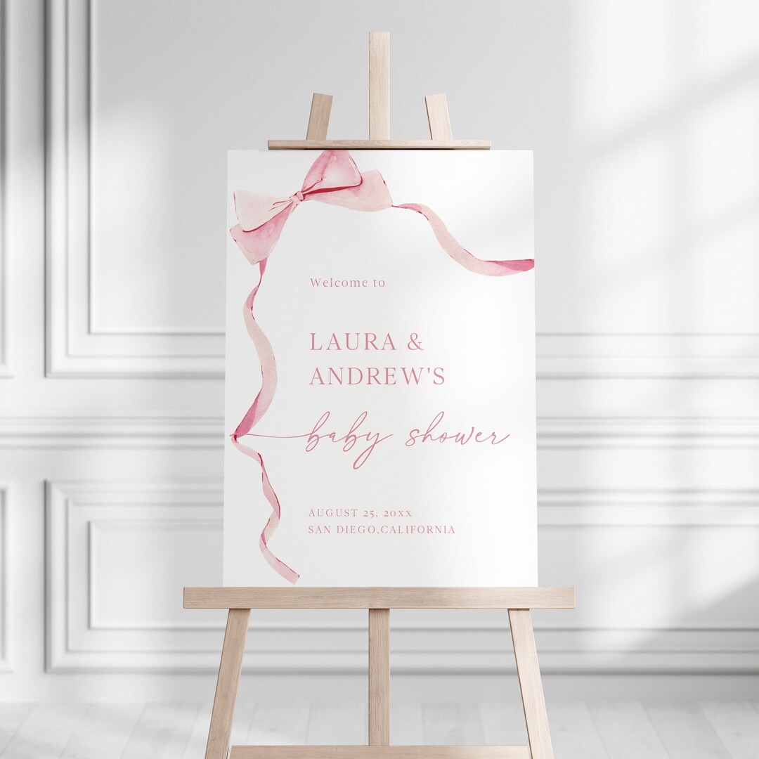Pink Bow Baby Shower Welcome Sign Template Printable Soft Pink Welcome ...