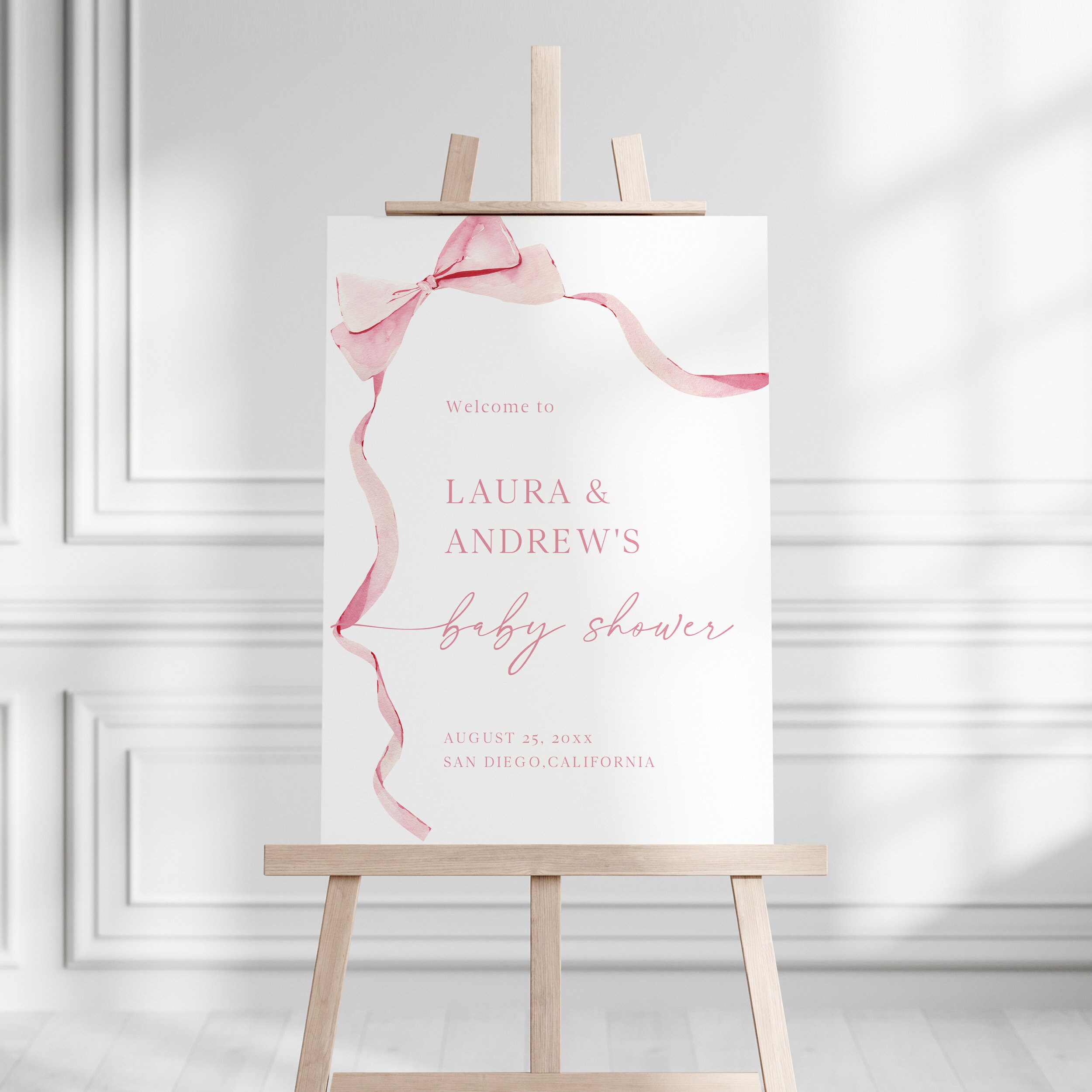 Pink Bow Baby Shower Welcome Sign Template Printable Soft Pink Welcome ...
