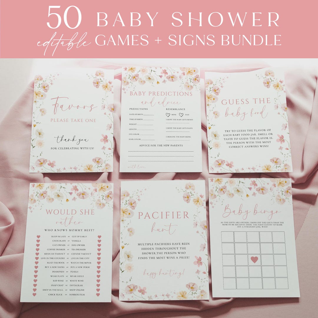 Baby in Bloom Baby Shower Games Bundle Soft Pink Flowers Baby Shower ...
