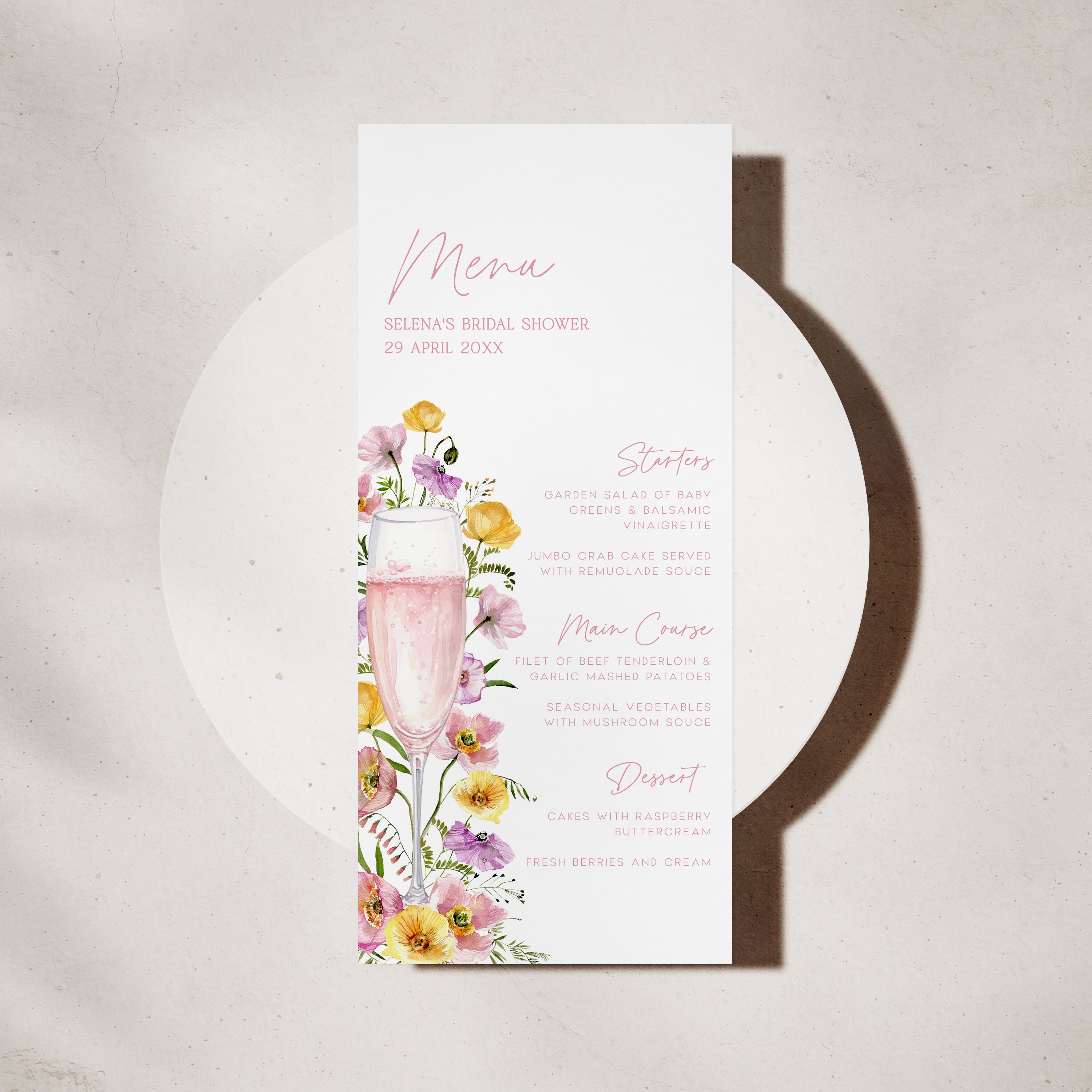 Petals and Prosecco Bridal Shower Menu Template Spring Floral Menu Pink ...