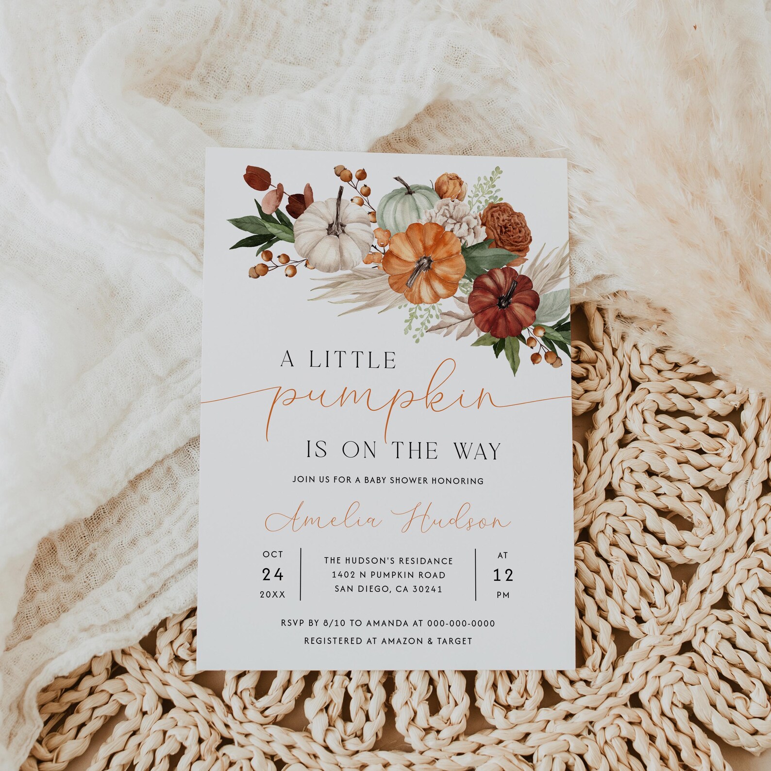 Little Pumpkin Baby Shower Invitation Template Editable Boho Fall Baby ...