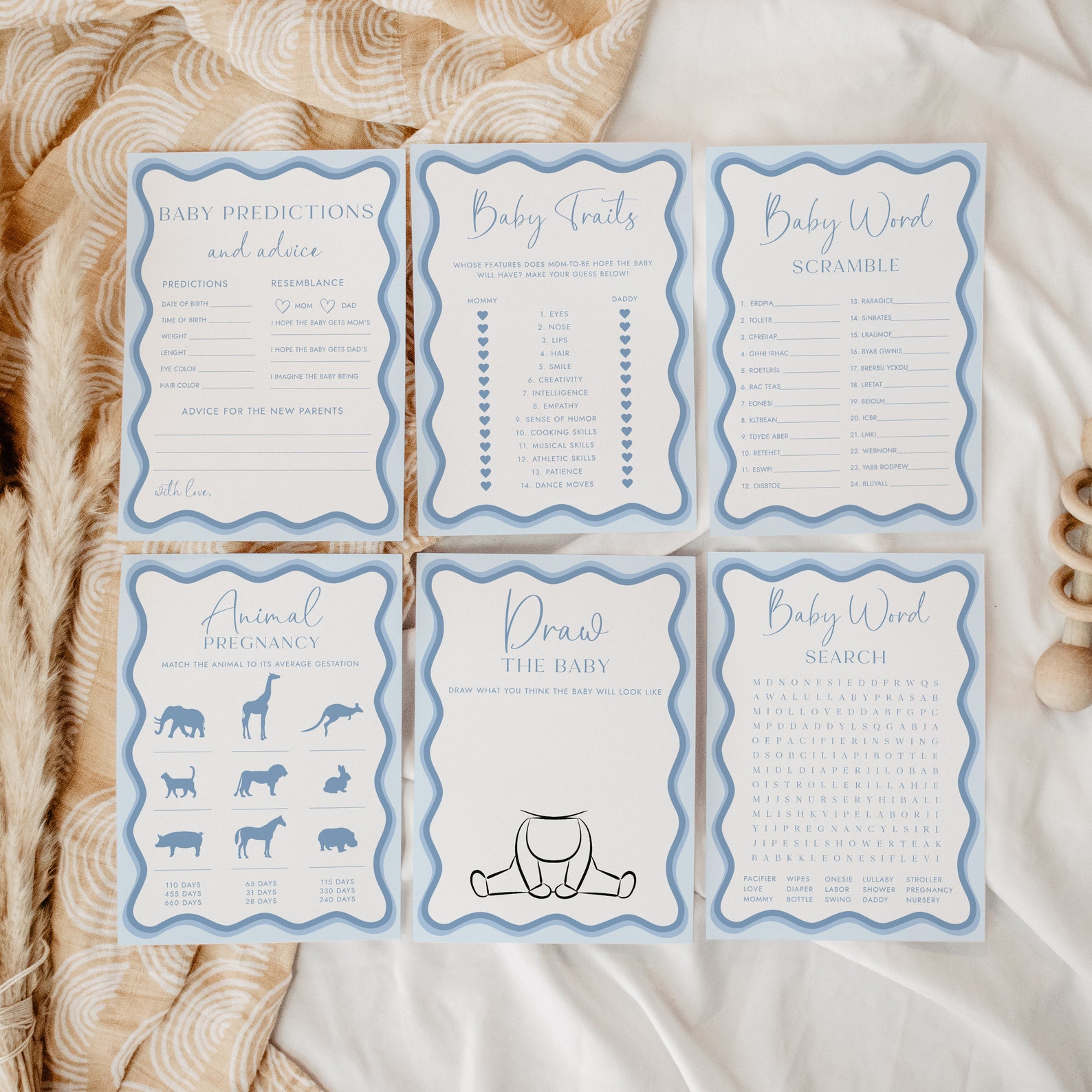 Blue Wavy Border Baby Shower Games Bundle Scalloped Frame Table Signs ...