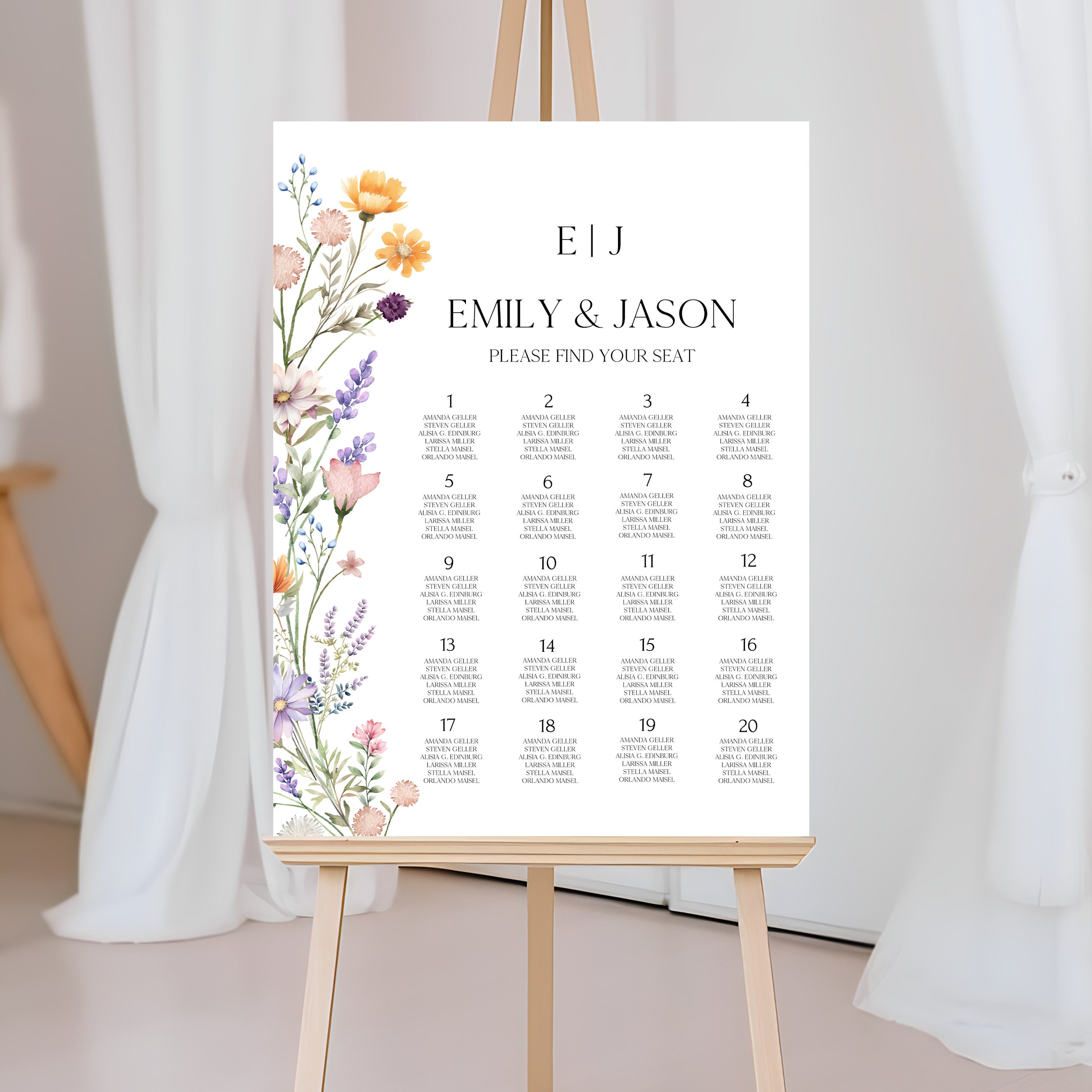 Wildflower Wedding Seating Chart Template Floral Seating Chart Board ...