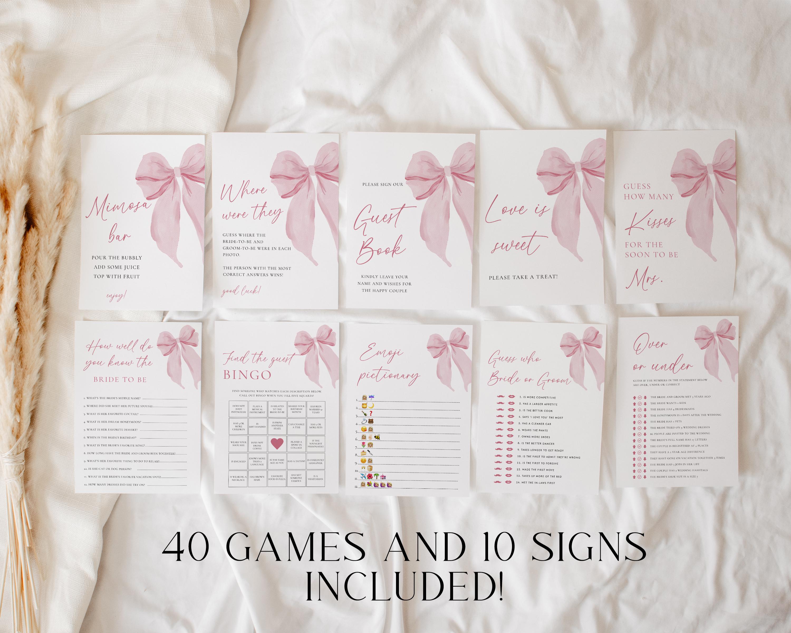 Pink Bow Bridal Shower Games Bundle Pink Ribbon Bridal Shower Signs Set ...