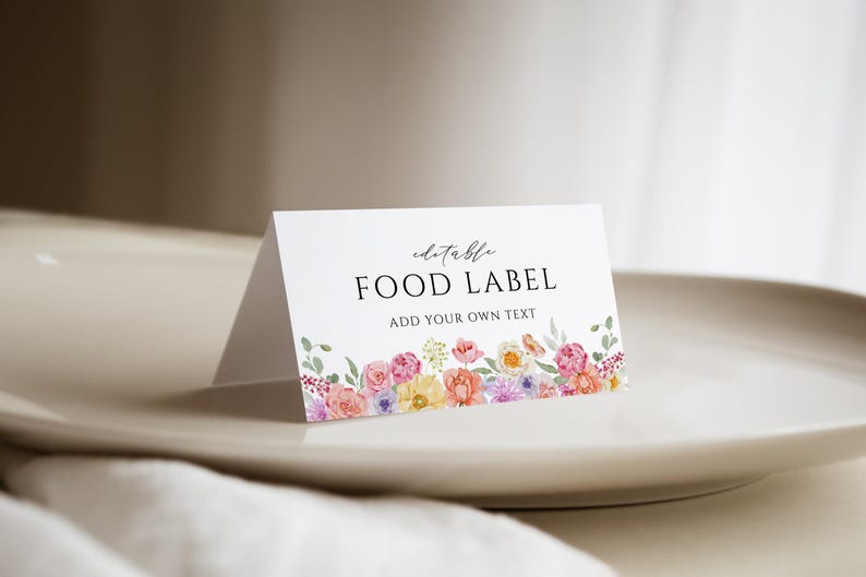 Pastel Floral Food Label Template Colorful Flowers Bridal Shower Buffet ...