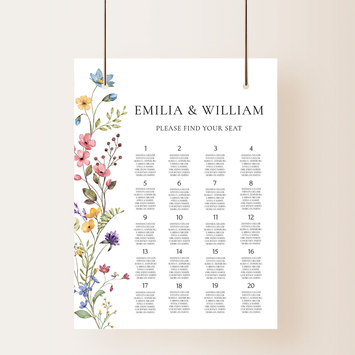 Wildflower Seating Chart Template Wedding Seating Plan Editable Floral ...