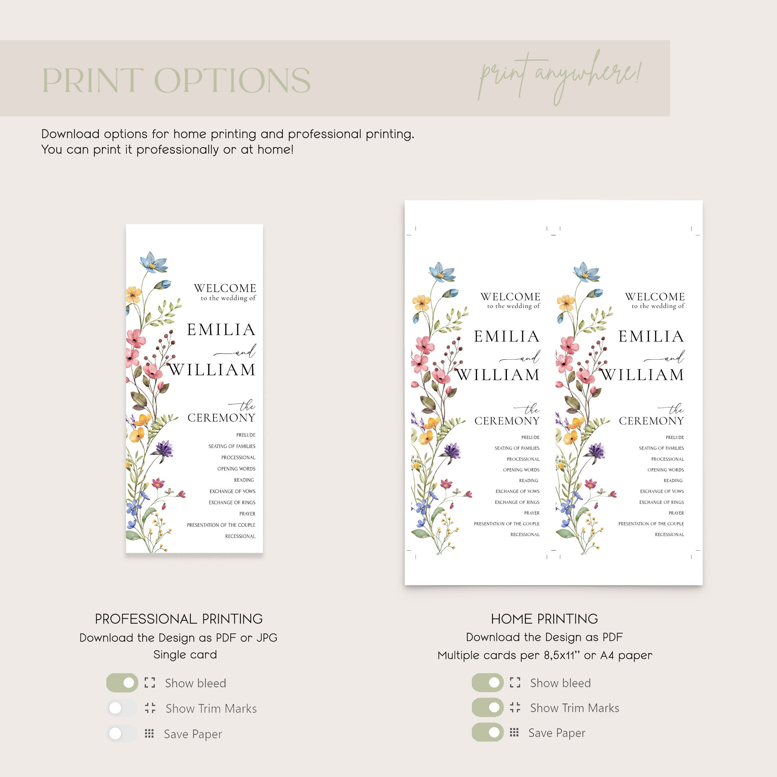 Wildflower Wedding Program Template Floral Wedding Ceremony Program ...