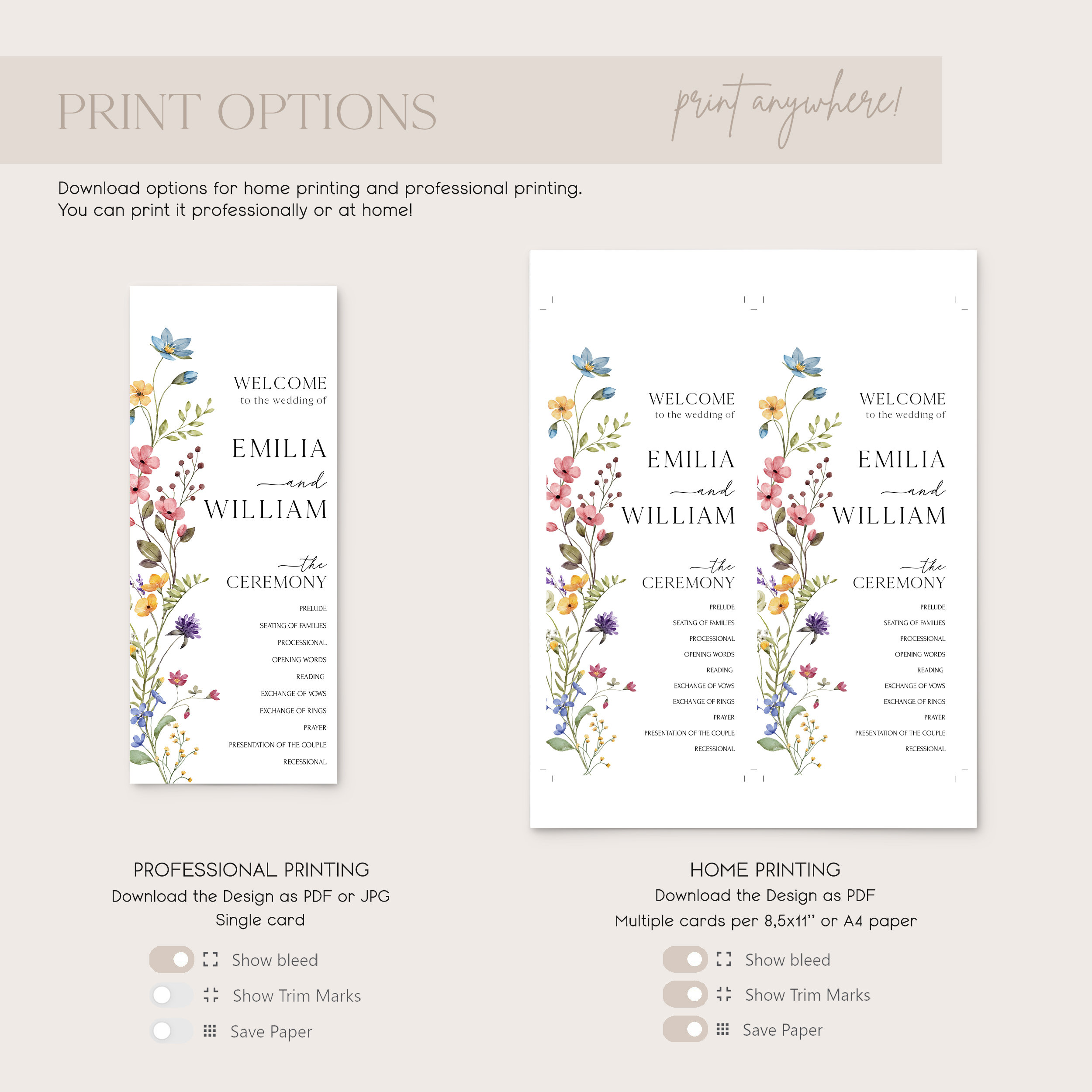 Wildflower Wedding Program Template Floral Wedding Ceremony Program ...