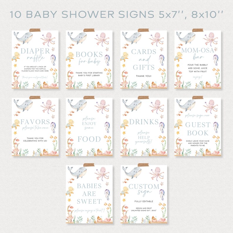Under the Sea Baby Shower Sign Bundle Ocean Animals Table Signs Set Sea ...