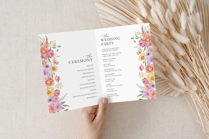 Floral Wedding Program Template Pastel Flowers Wedding Ceremony Program ...