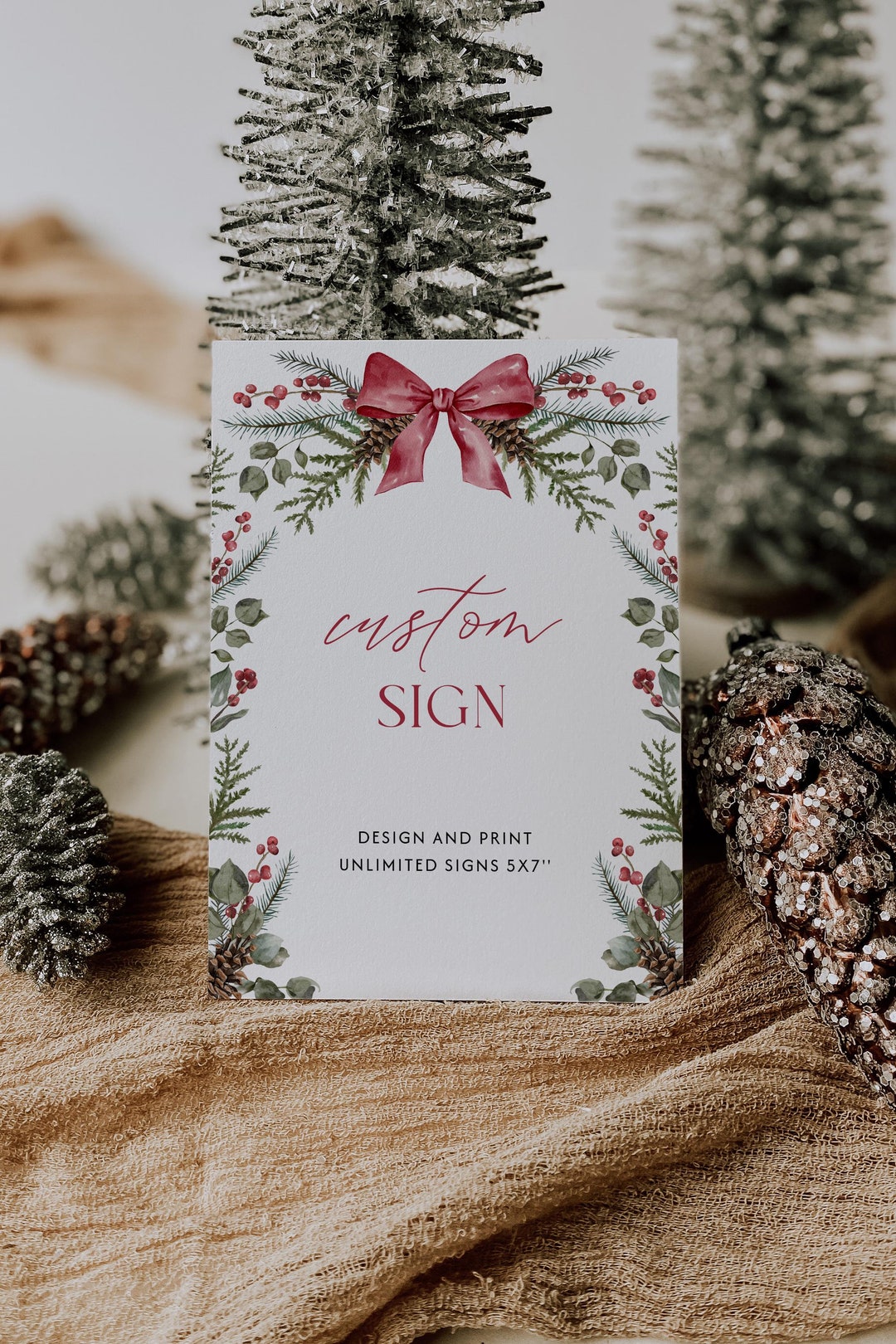 Christmas Custom Sign Template Red Bow Table Sign Editable Greenery ...