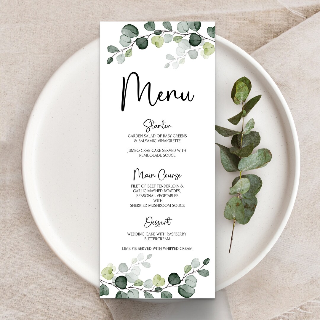Eucalyptus Wedding Menu Template Greenery Wedding Menu Printable Event ...