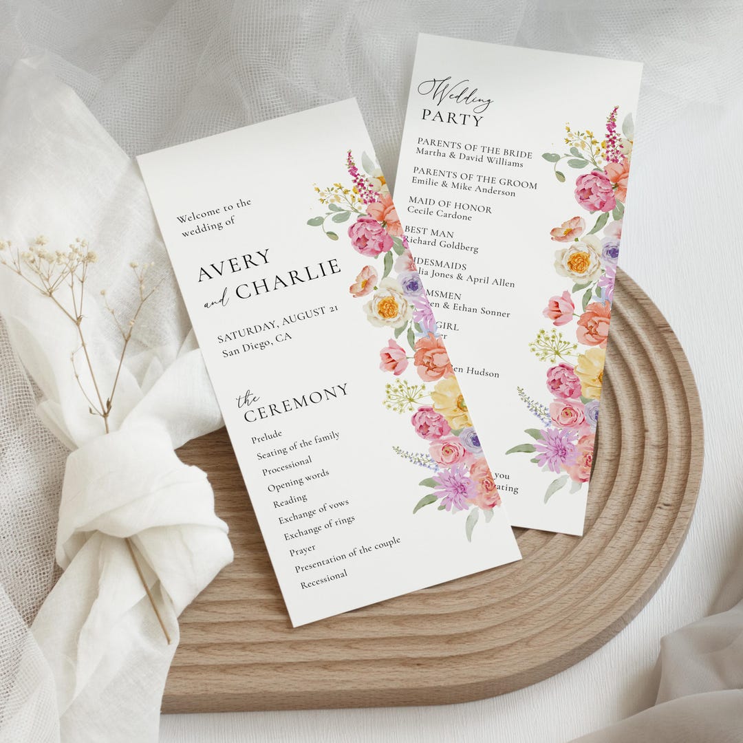 Floral Wedding Program Template Pastel Flowers Wedding Ceremony Program ...