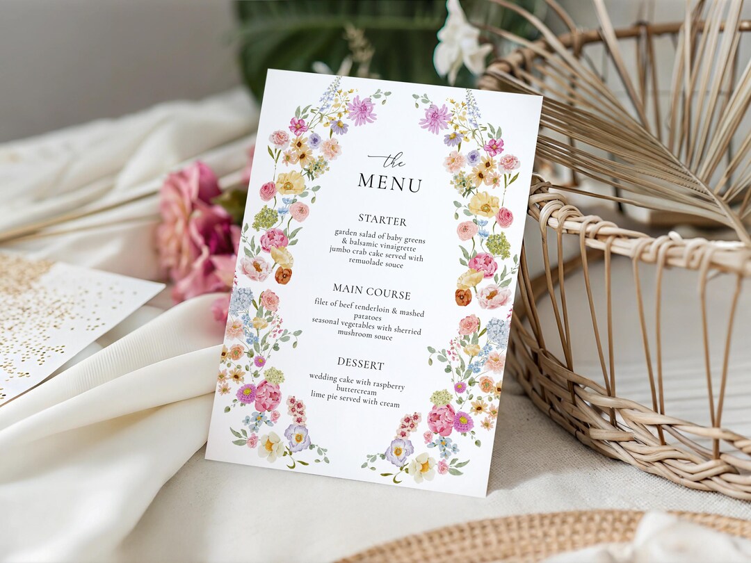 Pastel Floral Menu Template Editable Floral Wreath Wedding Menu Card ...