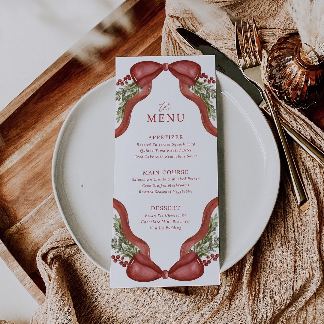 Editable Christmas Menu Template, Red Bow Menu Card, Watercolor Ribbon ...