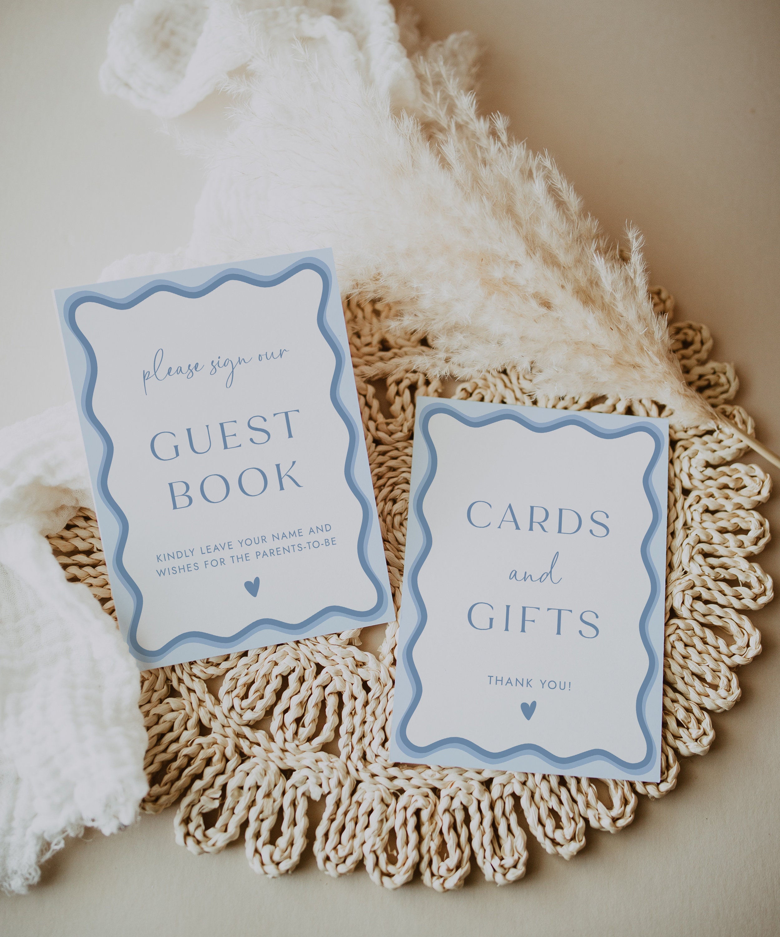 Blue Wavy Border Baby Shower Games Bundle Scalloped Frame Table Signs ...