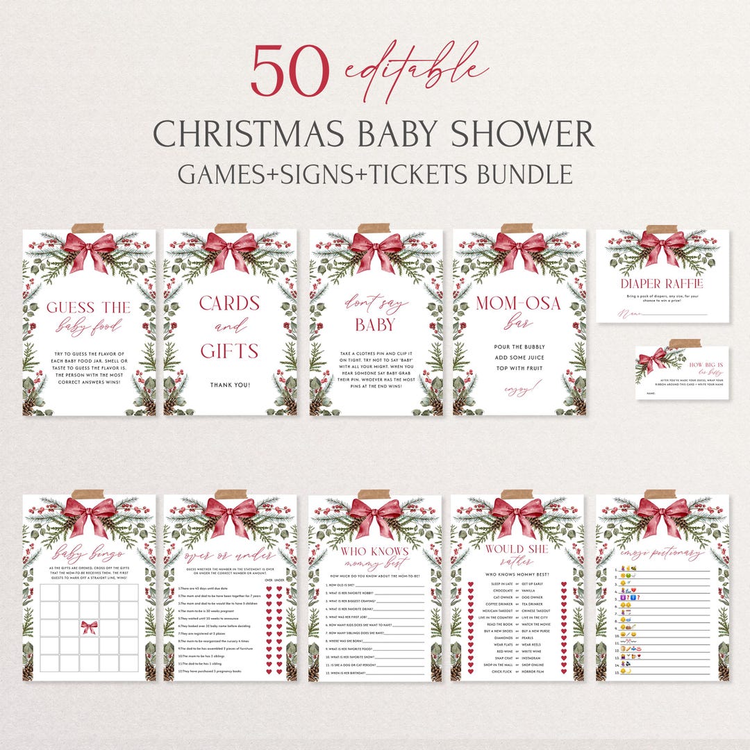 Christmas Baby Shower Games Bundle Red Bow Table Signs Set Winter Baby ...