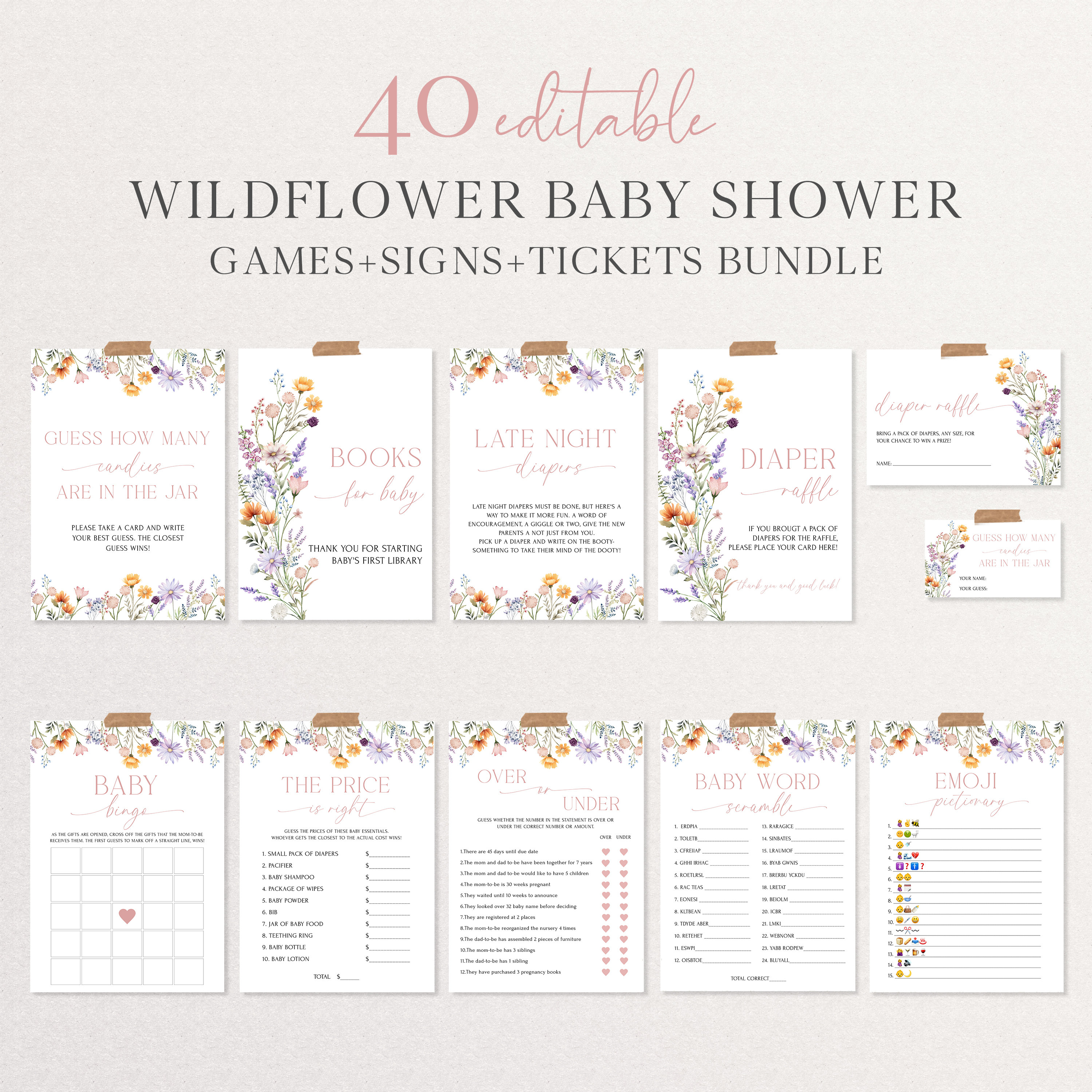 Wildflower Baby Shower Games Bundle Floral Baby Shower Games Printable ...