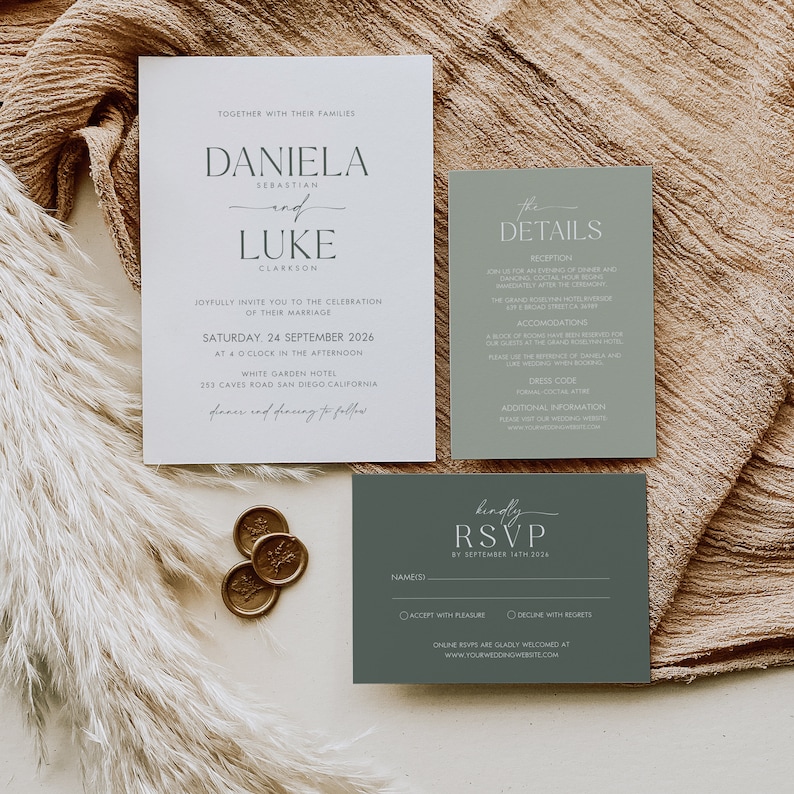 Sage Green Wedding Invitation Suite Template Green Invitation Bundle ...