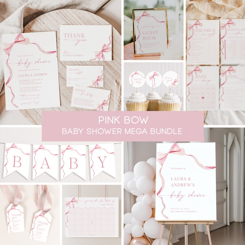 Pink Bow Baby Shower Bundle Printable Watercolor Ribbon Baby Shower ...