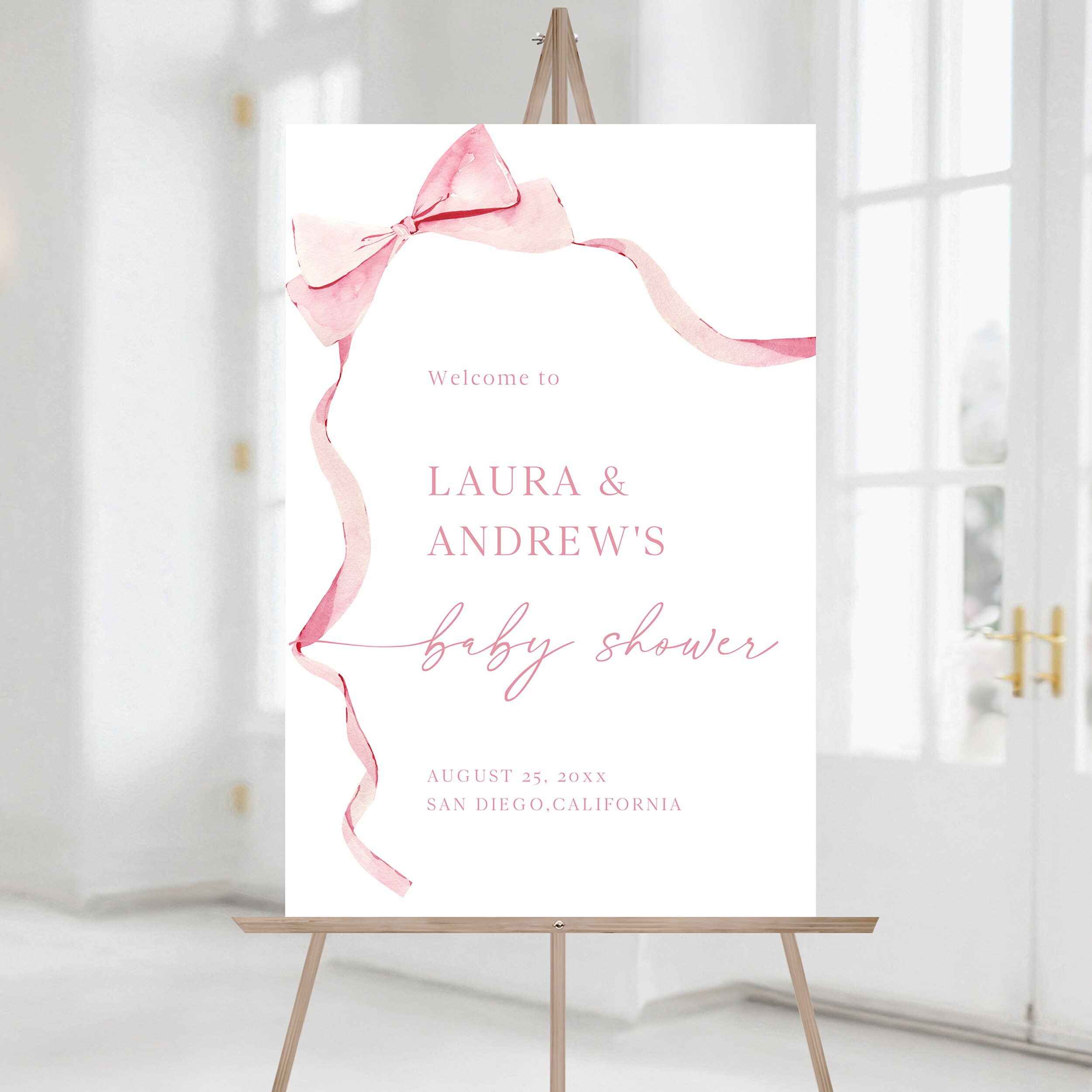 Pink Bow Baby Shower Welcome Sign Template Printable Soft Pink Welcome ...