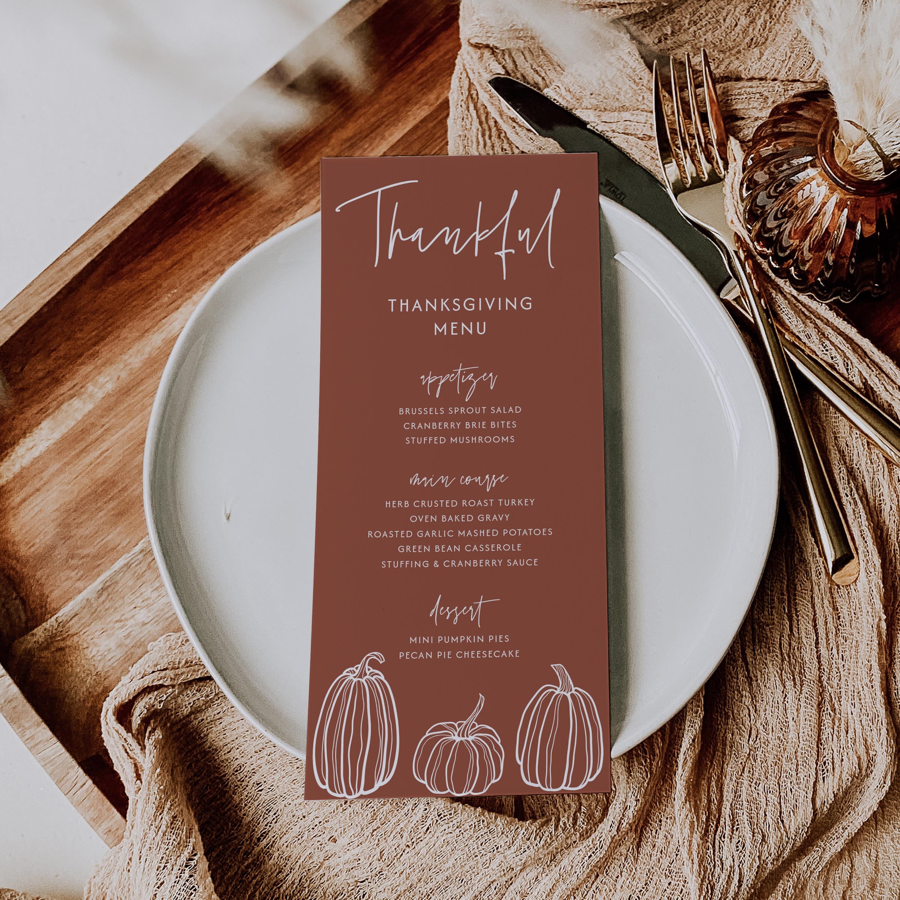 Terracotta Menu Template Thanksgiving Place Card Pumpkin Thankful Menu ...