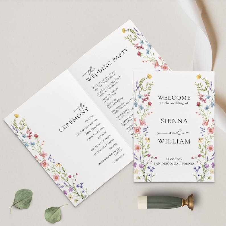 Wildflower Wedding Program Pastel Floral Ceremony Program Template Boho ...