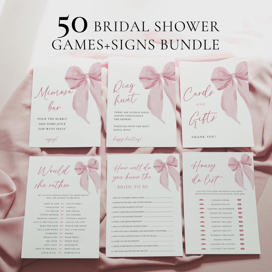 Pink Bow Bridal Shower Games Bundle Pink Ribbon Bridal Shower Signs Set ...