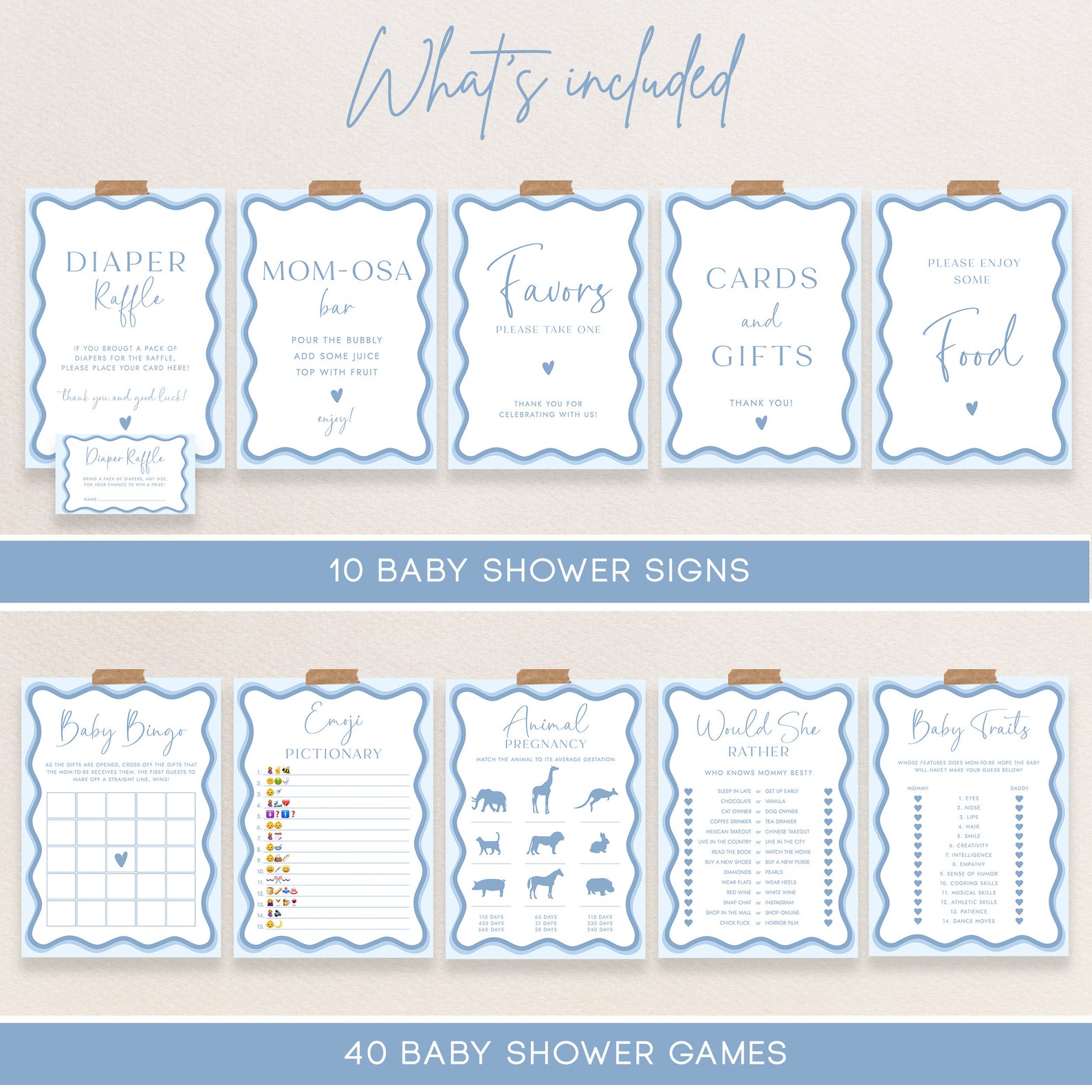 Blue Wavy Border Baby Shower Games Bundle Scalloped Frame Table Signs ...