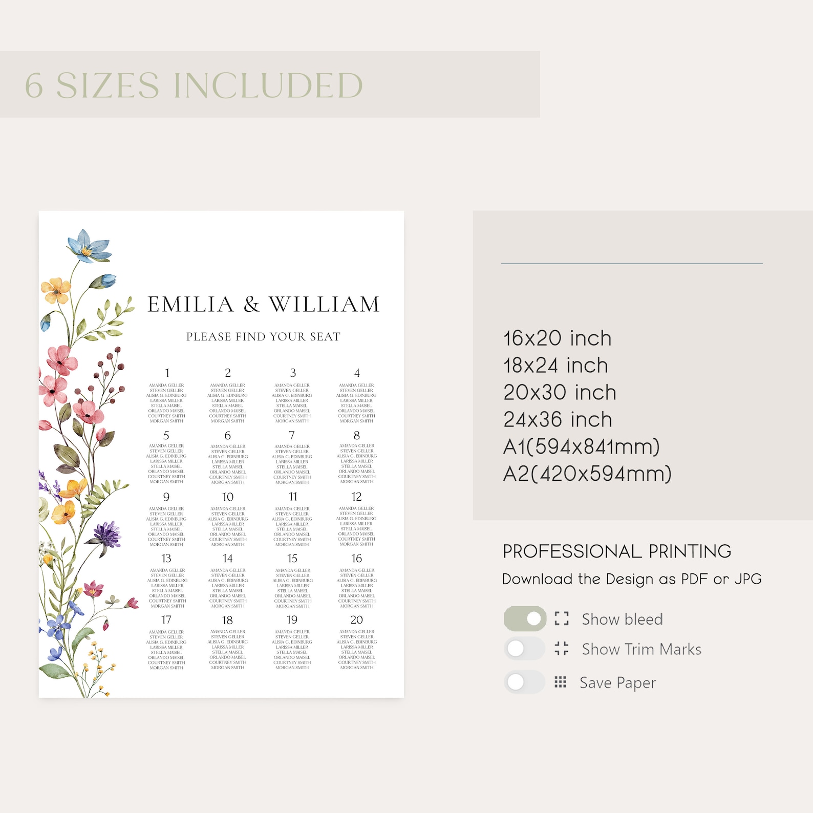 Wildflower Seating Chart Template Wedding Seating Plan Editable Floral ...