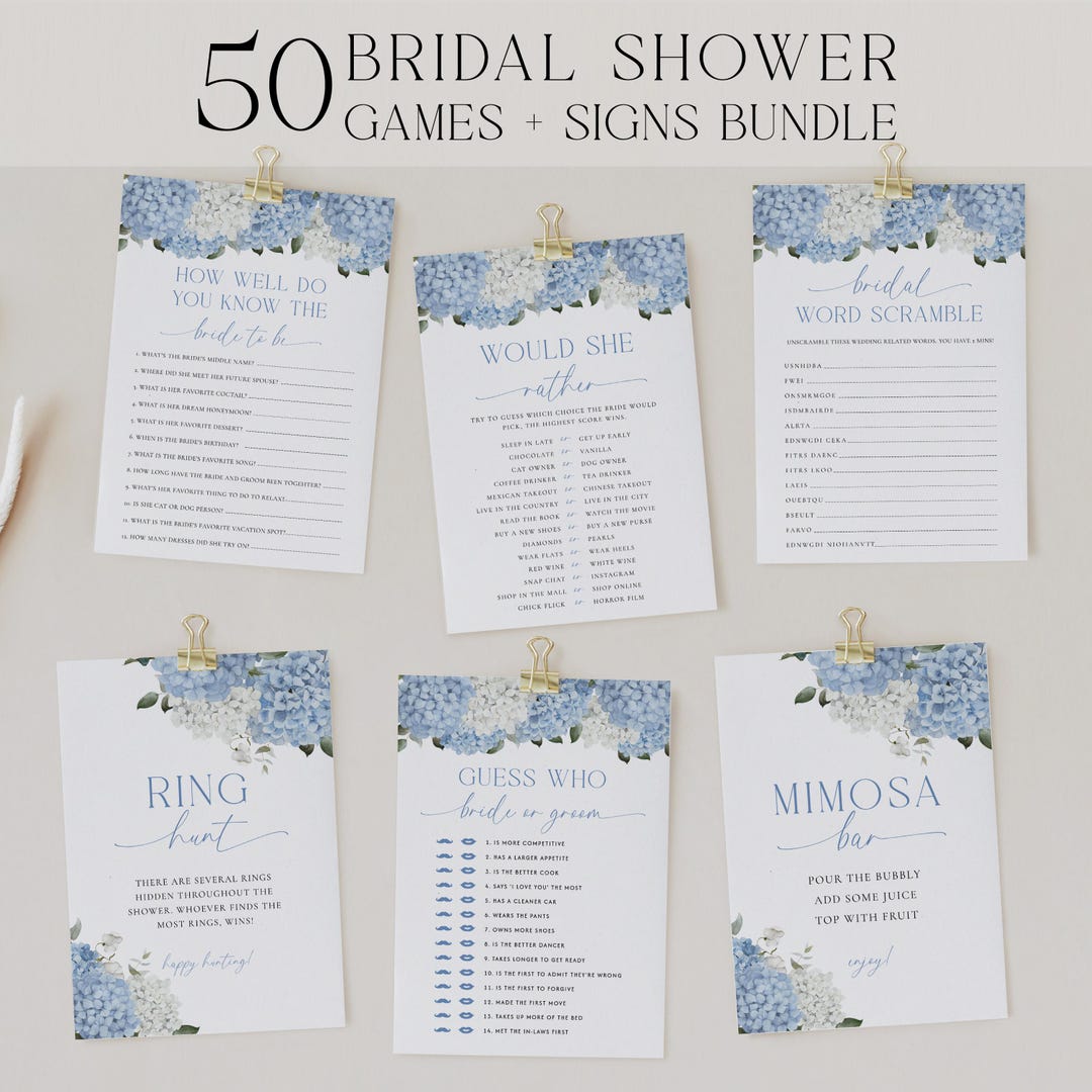 Blue Hydrangea Bridal Shower Games Bundle Something Blue Before I Do ...