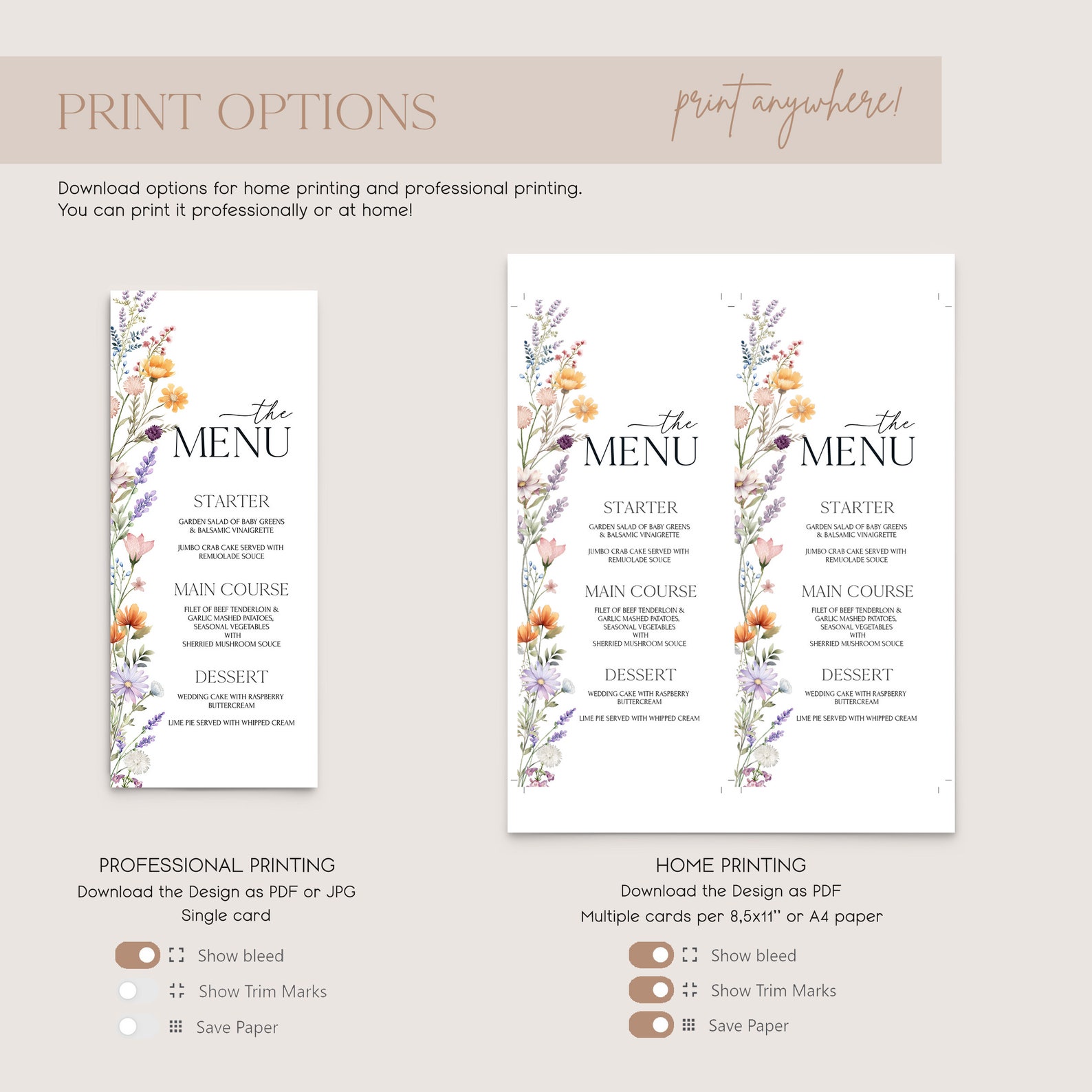 Editable Wildflower Wedding Menu Template Floral Wedding Menu Download ...