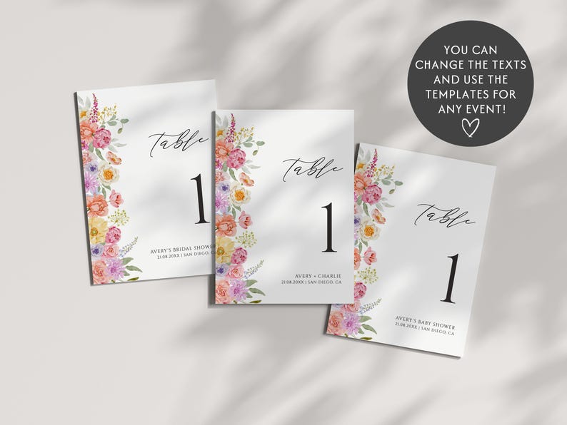 Pastel Floral Table Number Template Editable Spring Flowers Bridal ...
