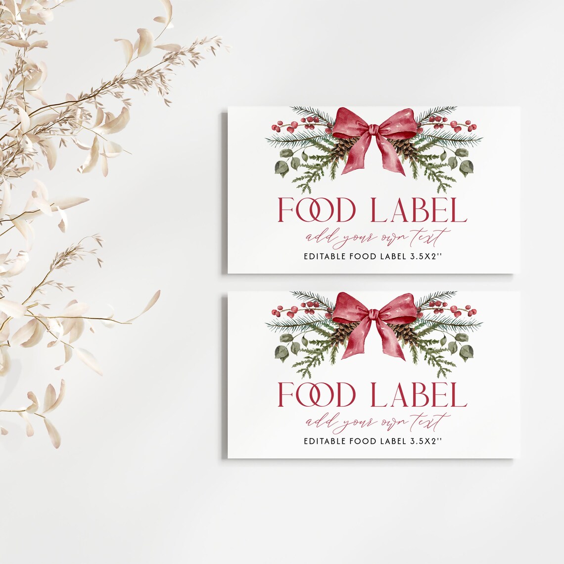 Christmas Food Label Template Winter Baby Shower Buffet Card Red Bow ...