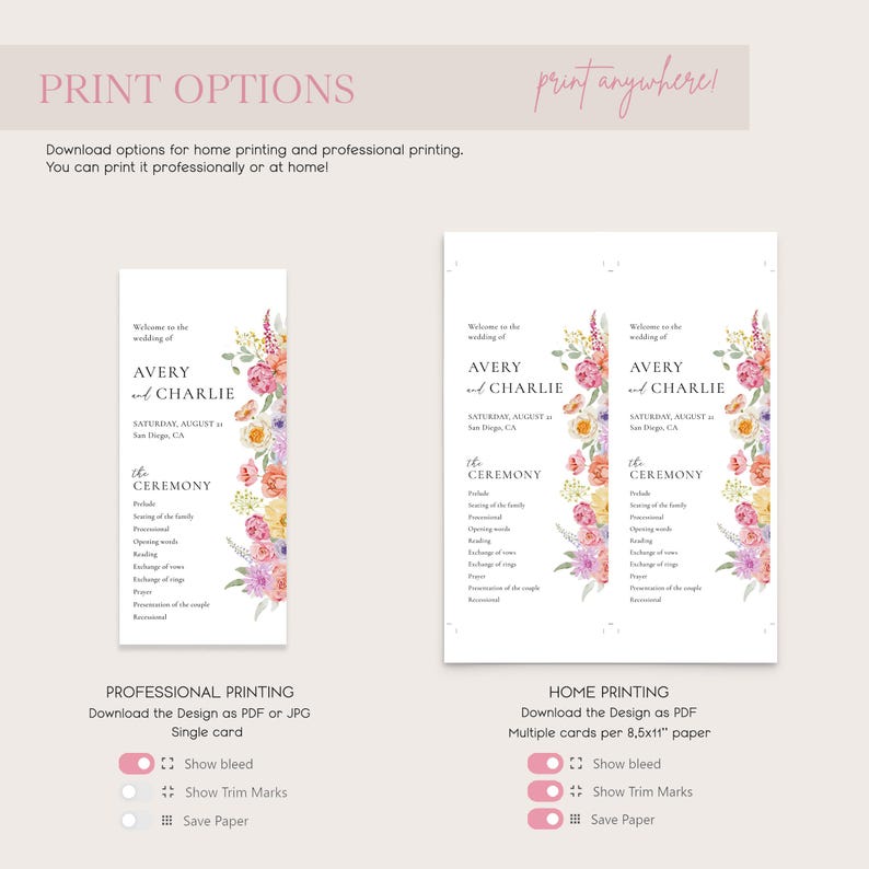 Floral Wedding Program Template Pastel Flowers Wedding Ceremony Program ...