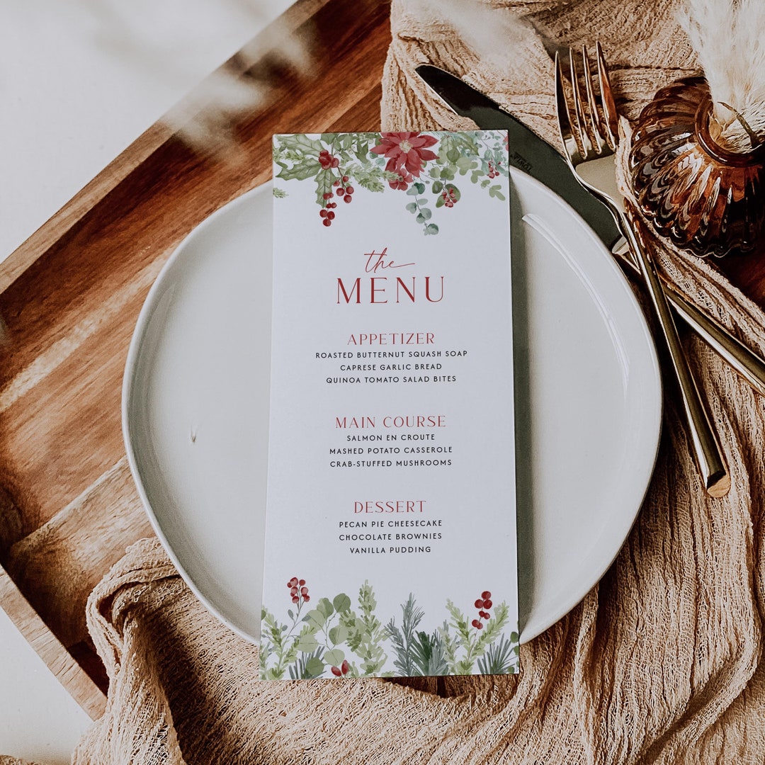Christmas Menu Template, Botanical Menu Card, Editable Menu Card ...