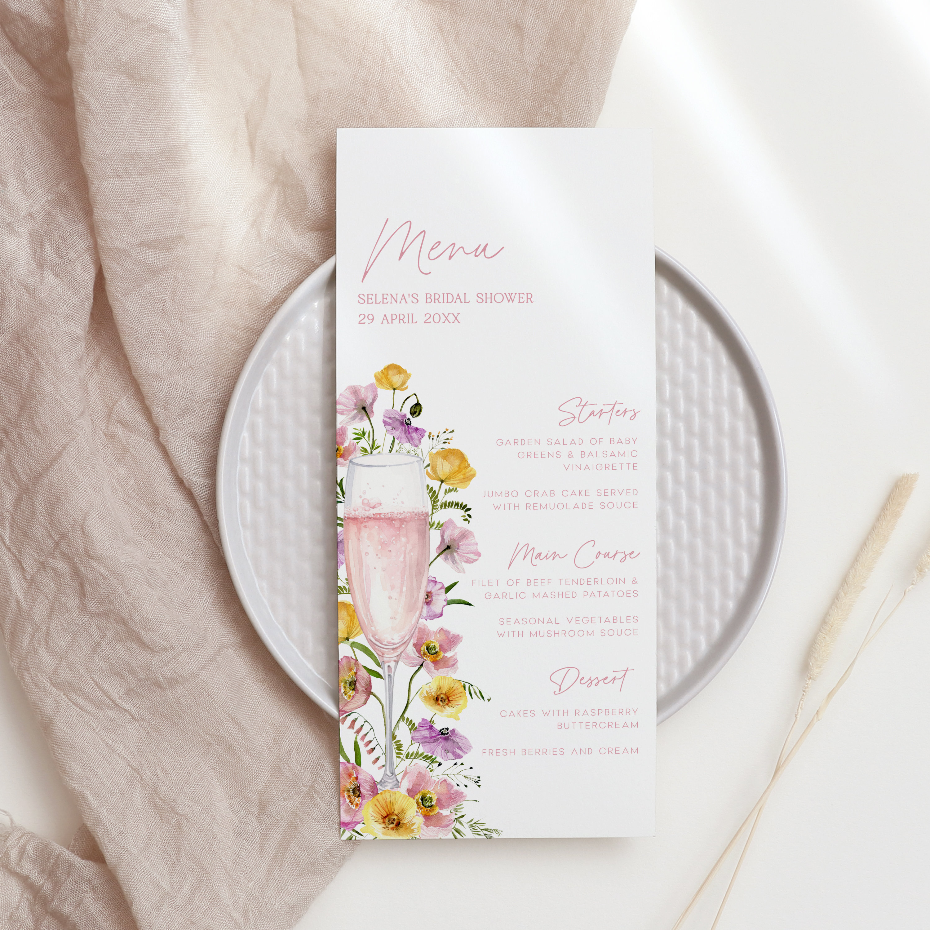 Petals and Prosecco Bridal Shower Menu Template Spring Floral Menu Pink ...