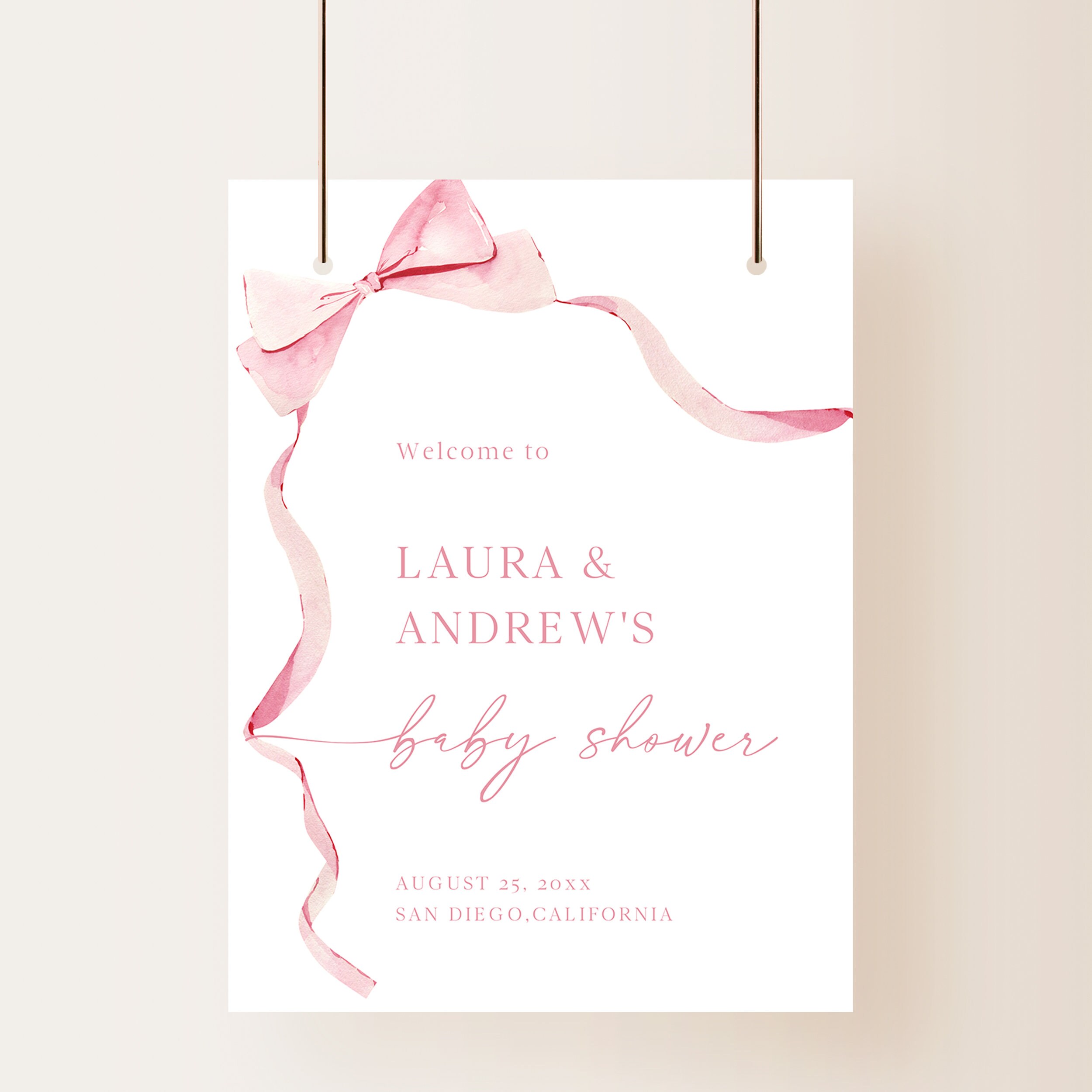Pink Bow Baby Shower Welcome Sign Template Printable Soft Pink Welcome ...