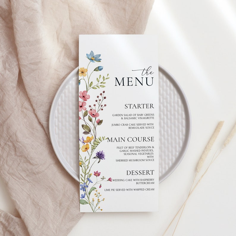 Wildflower Menu Template Floral Wedding Menu Boho Flowers Event Menu ...
