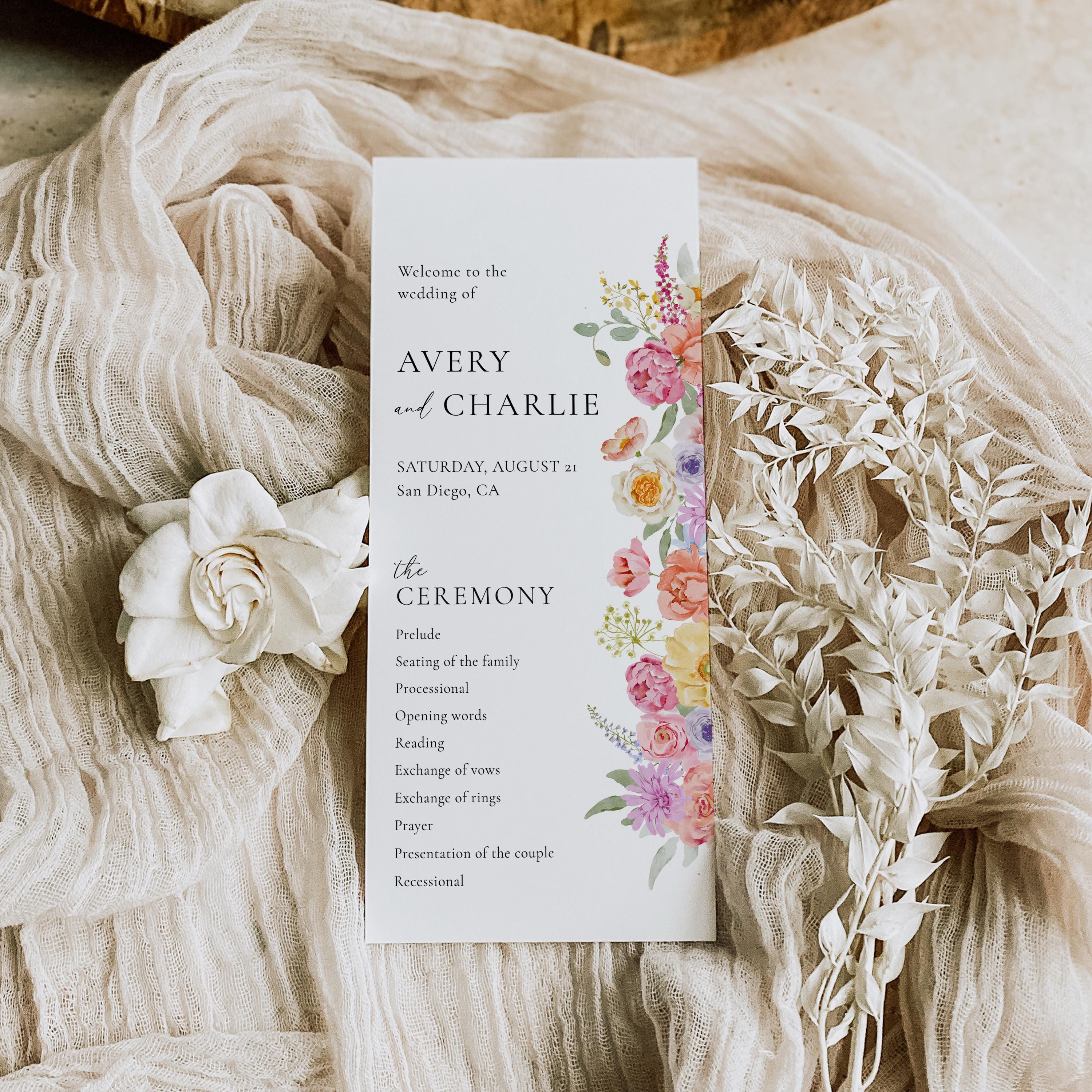 Floral Wedding Program Template Pastel Flowers Wedding Ceremony Program ...