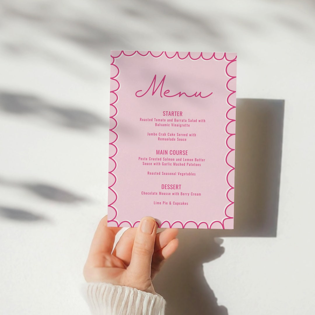Pink Wavy Menu Template Editable Fun Dinner Party Menu Modern Bridal ...