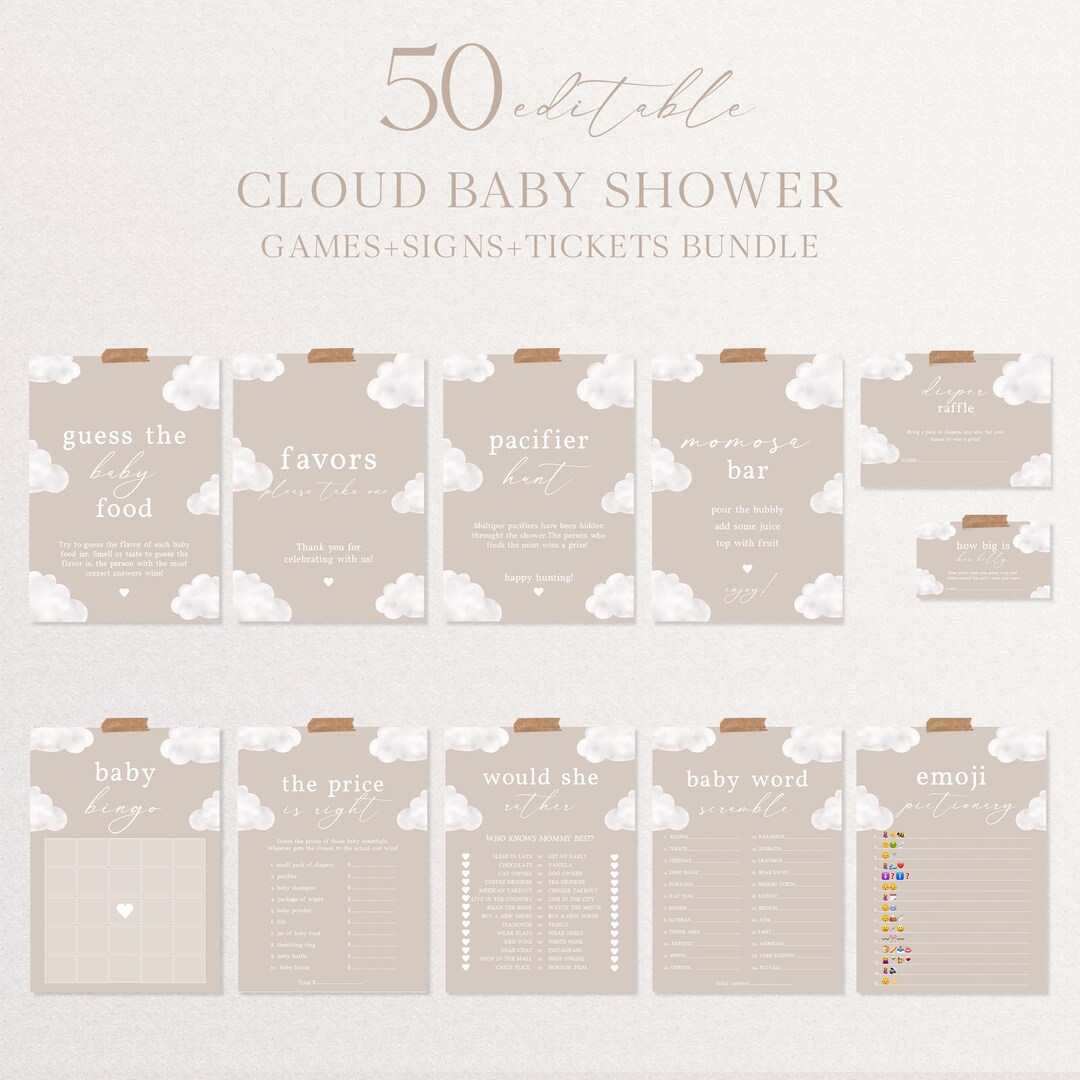 Neutral Cloud Baby Shower Games Bundle Printable Beige Baby Shower ...